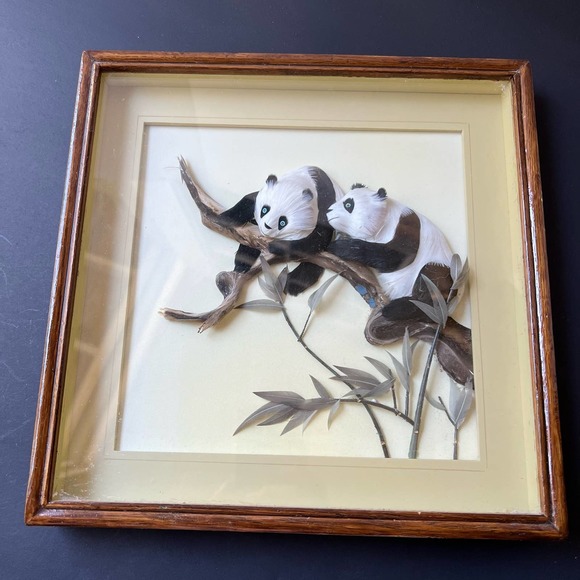 Unknown | Art | Vintage Framed Panda Bears W Feathers Shadow Box Wall ...
